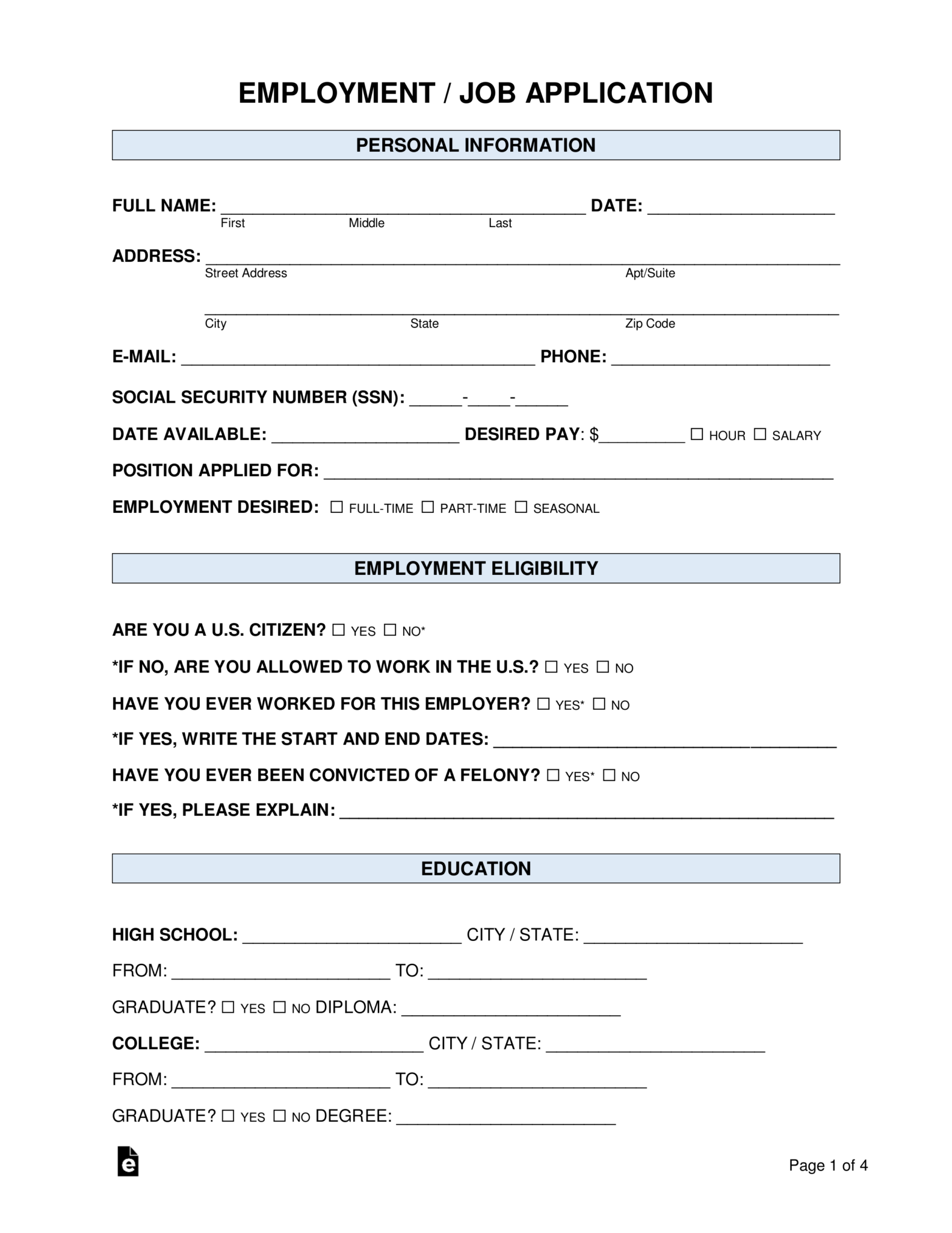 Employment Application Form Free Printable - We Love Printables