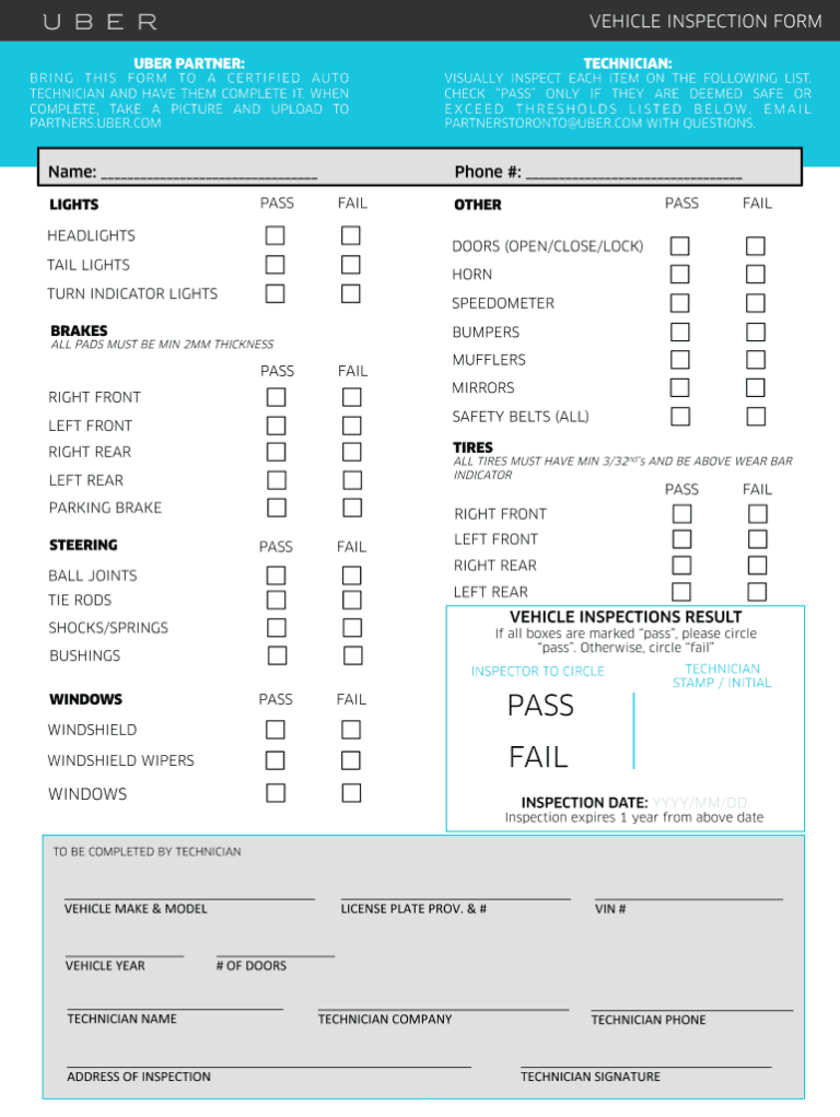 Printable Uber Inspection Form - We Love Printables