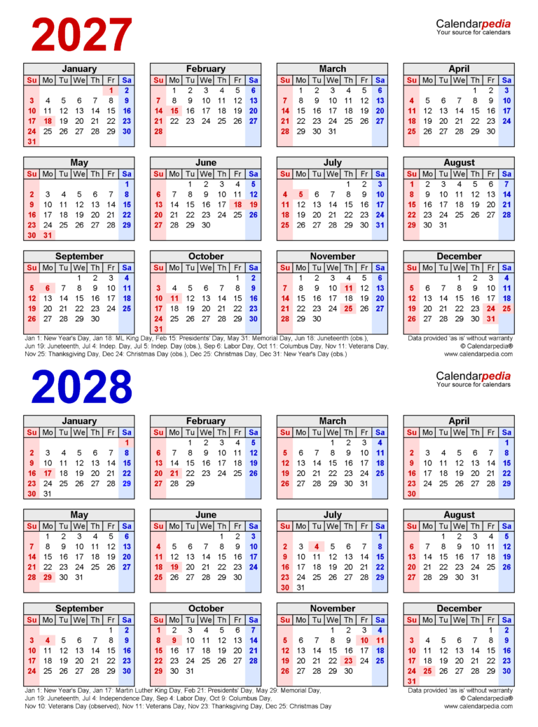 2027 Calendar 2028 Printable Pdf Free Download - We Love Printables
