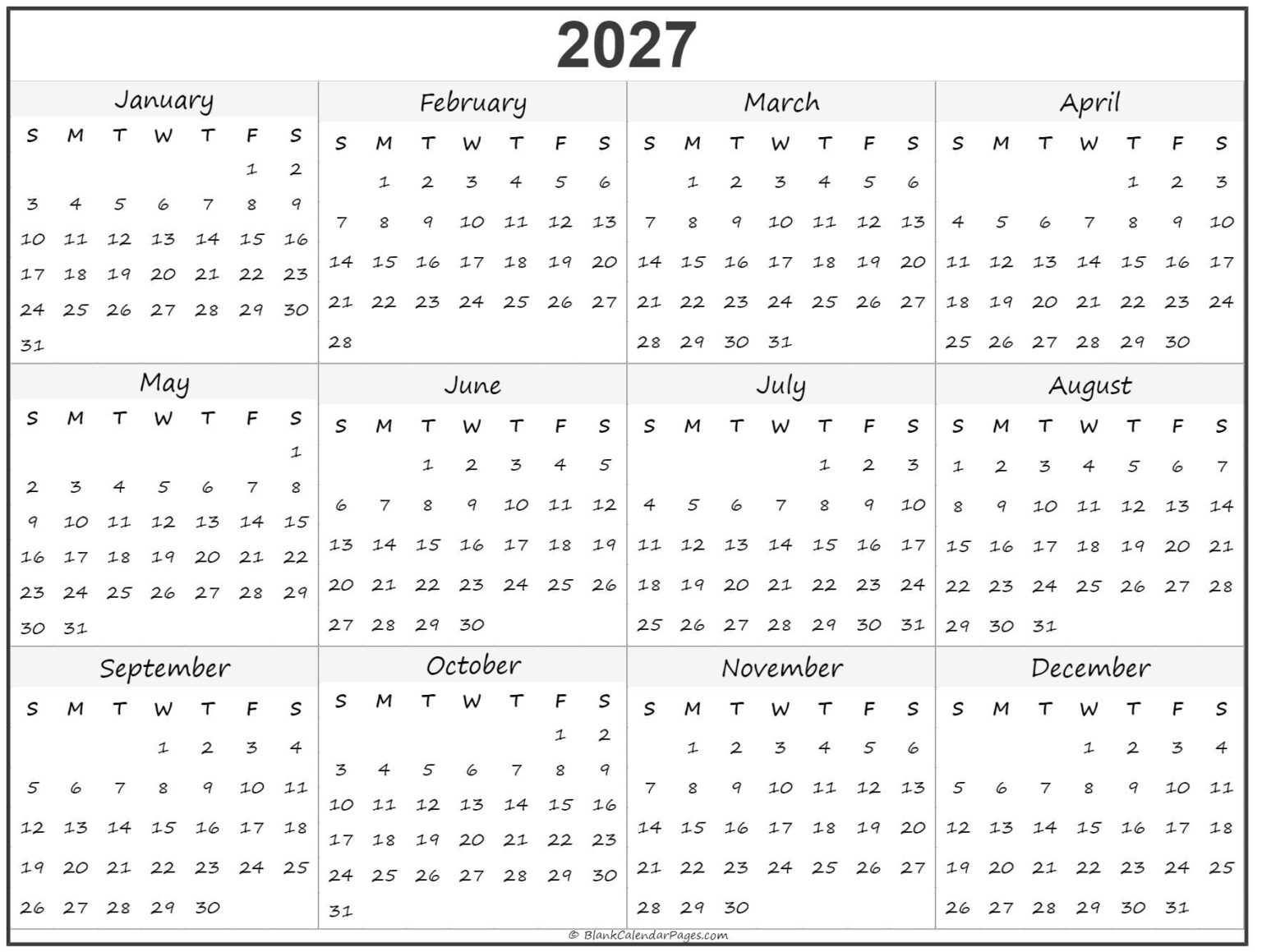 2027 Year At A Glance Calendar Printable - We Love Printables