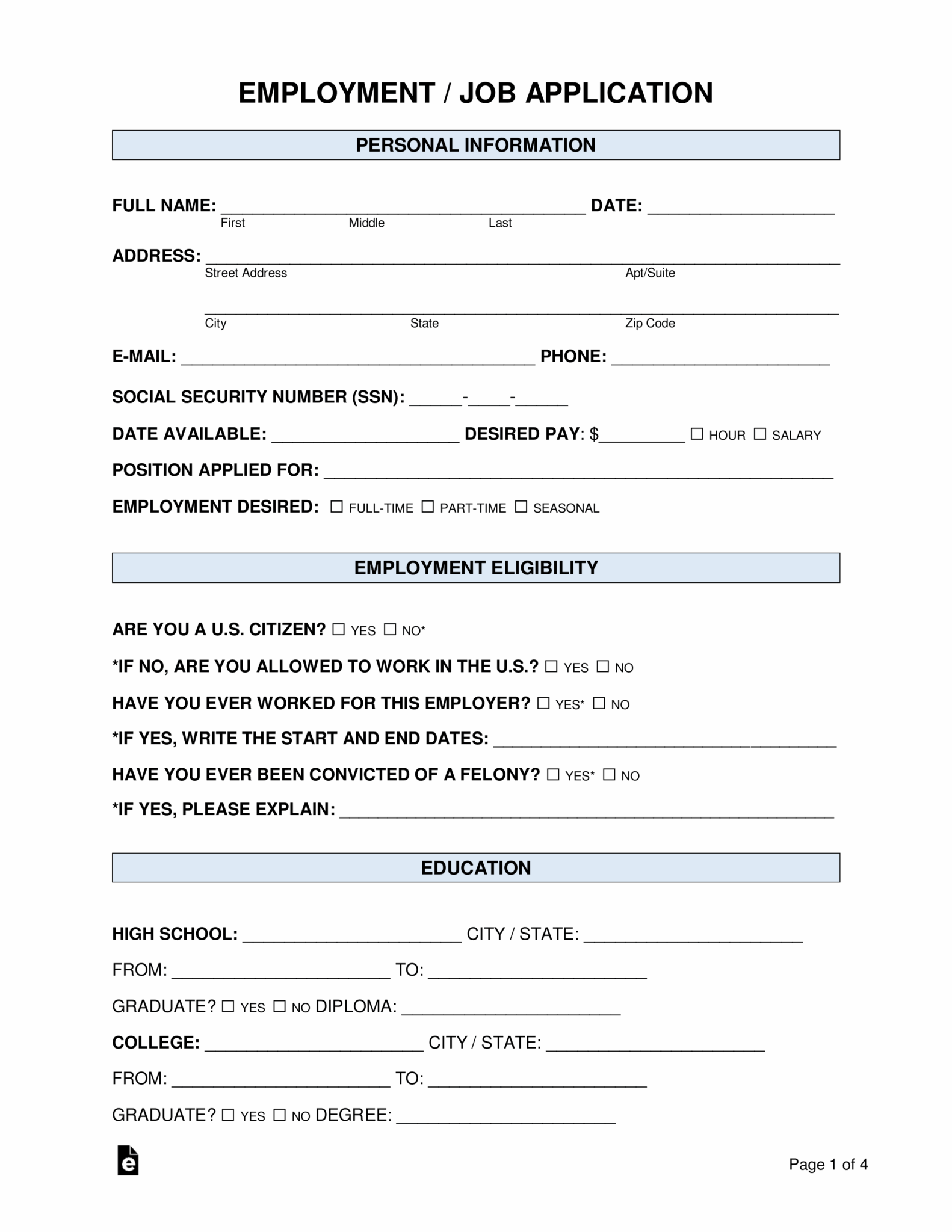 Printable Employment Application Form: Streamline Your Hiring Process ...