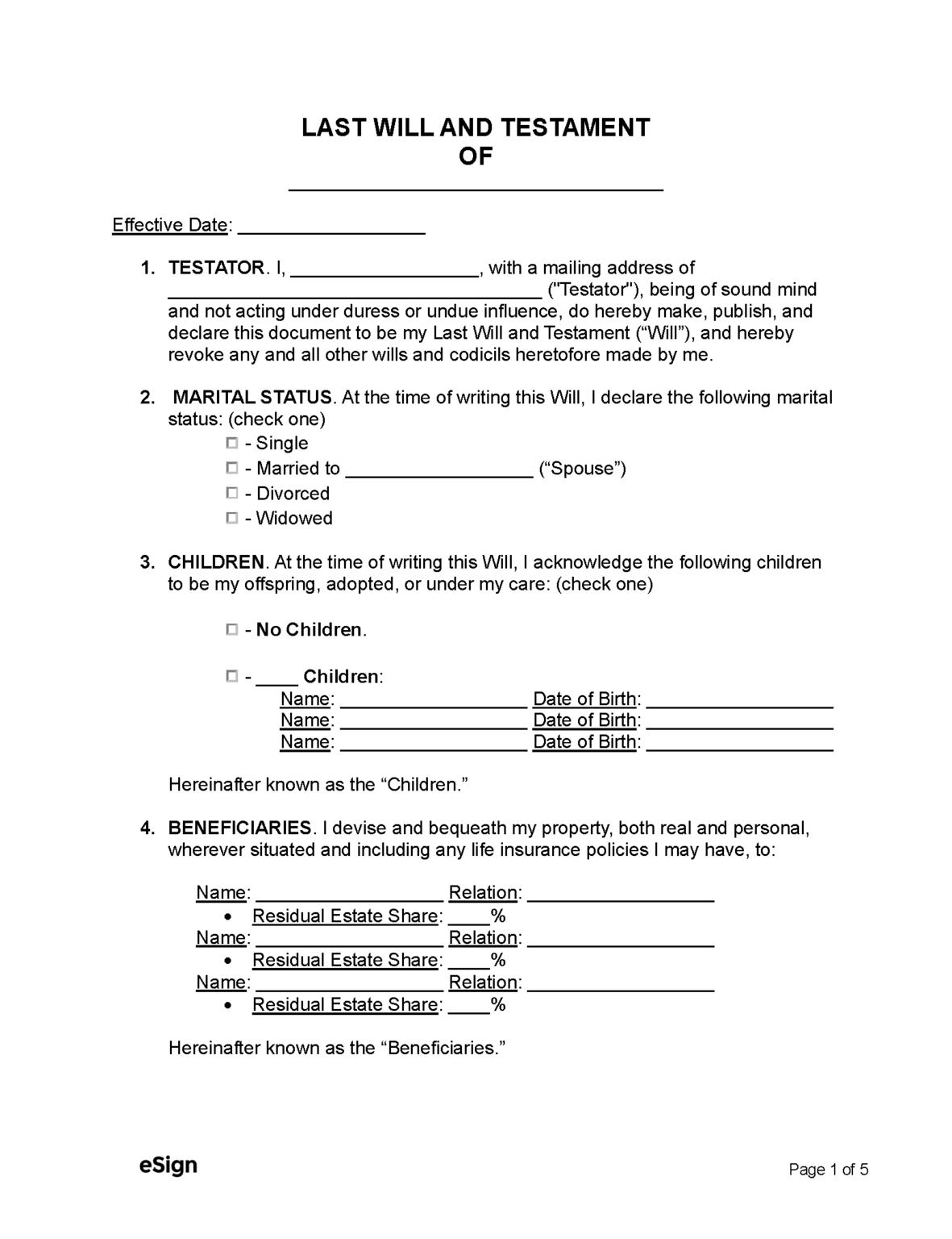 Printable Last Will And Testament Form: Secure Your Legacy with Ease ...