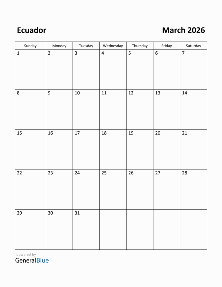 March 2026 Ecuador Printable Calendar - We Love Printables