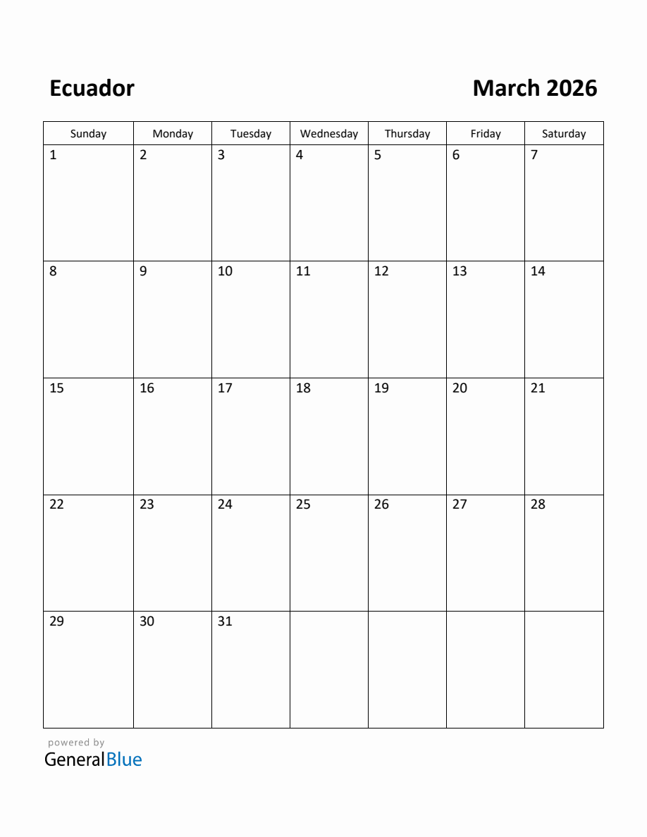 March 2026 Ecuador Printable Calendar - We Love Printables