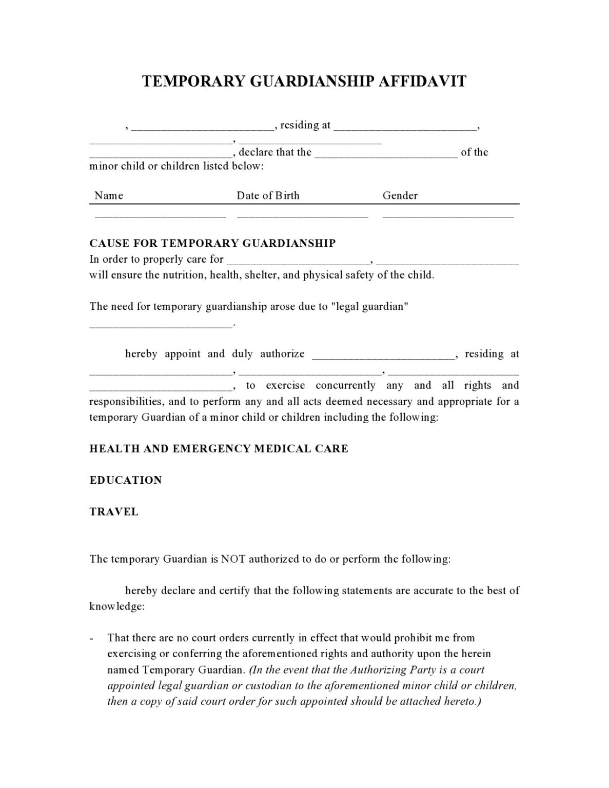 Free Printable Temporary Guardianship Form: Ensuring the Care of Your ...