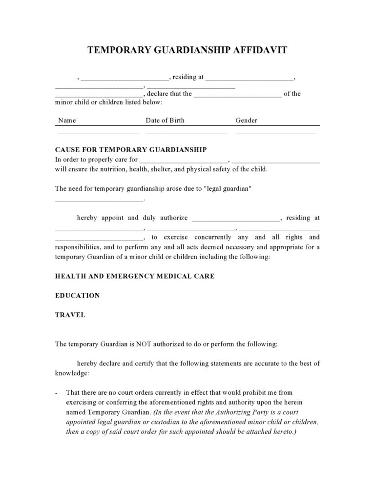 Free Printable Temporary Guardianship Form: Ensuring the Care of Your ...